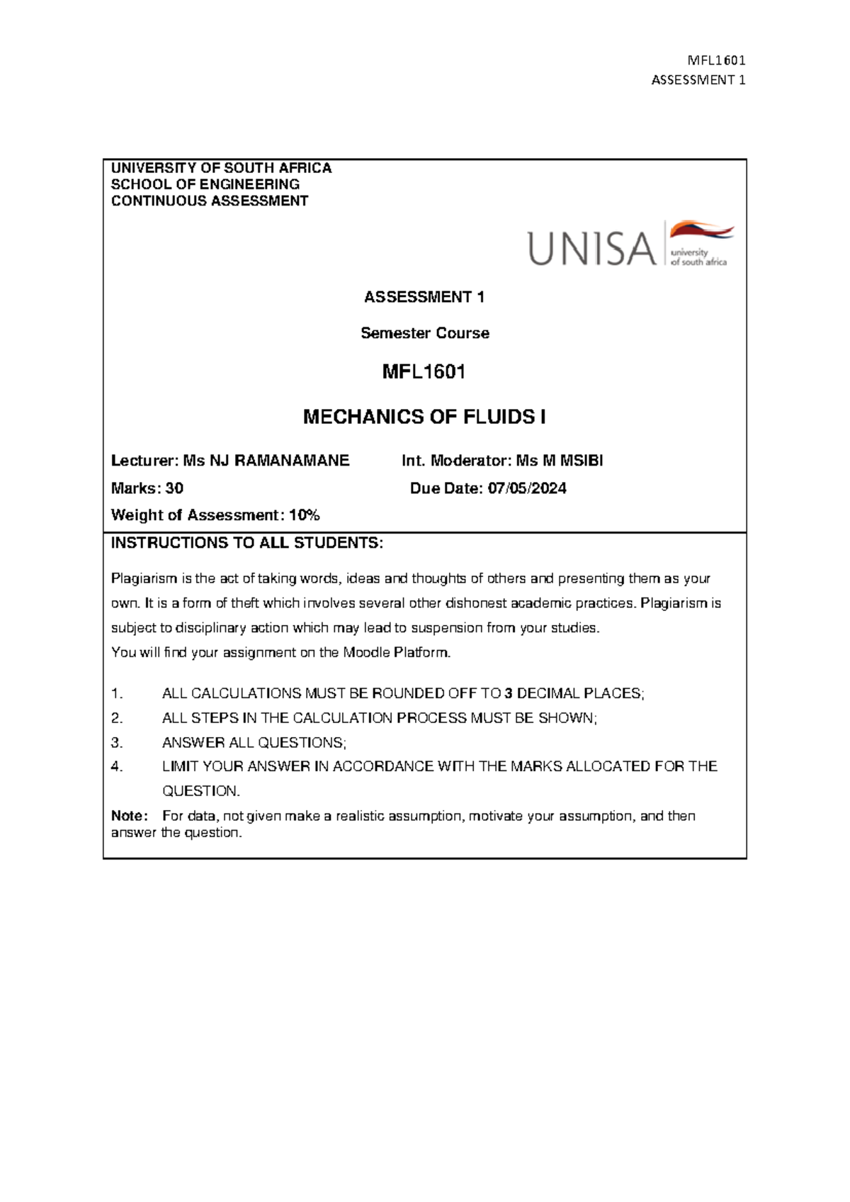 MFL1601 Assessment 1 - MFL ASSESSMENT 1 UNIVERSITY OF SOUTH AFRICA ...