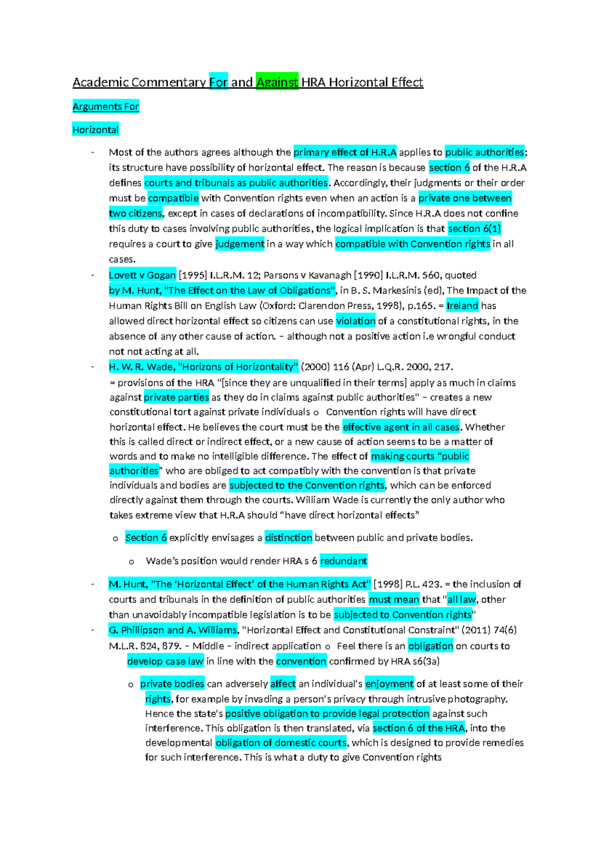 Exam arguments for ECHR Horiontal effect - Academic Commentary For and ...