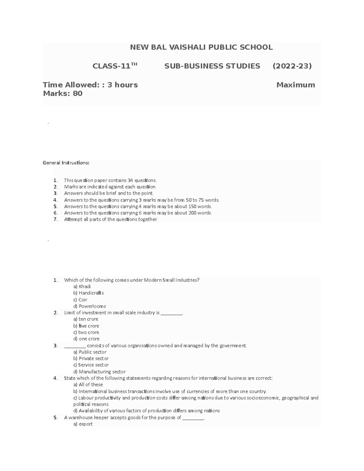 11TH BST Final 2022-23 Paper - NEW BAL VAISHALI PUBLIC SCHOOL CLASS ...