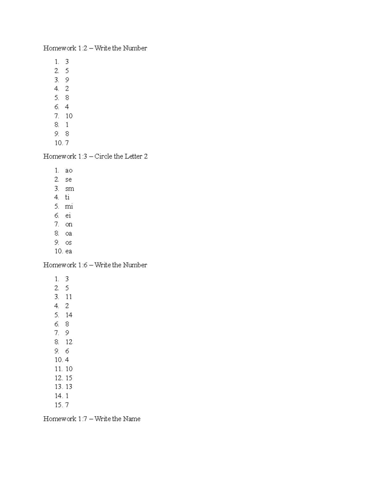 Homework Units 1 2 Homework 1 2 Write The Number 3 5 9 2 8 4 10 1 8