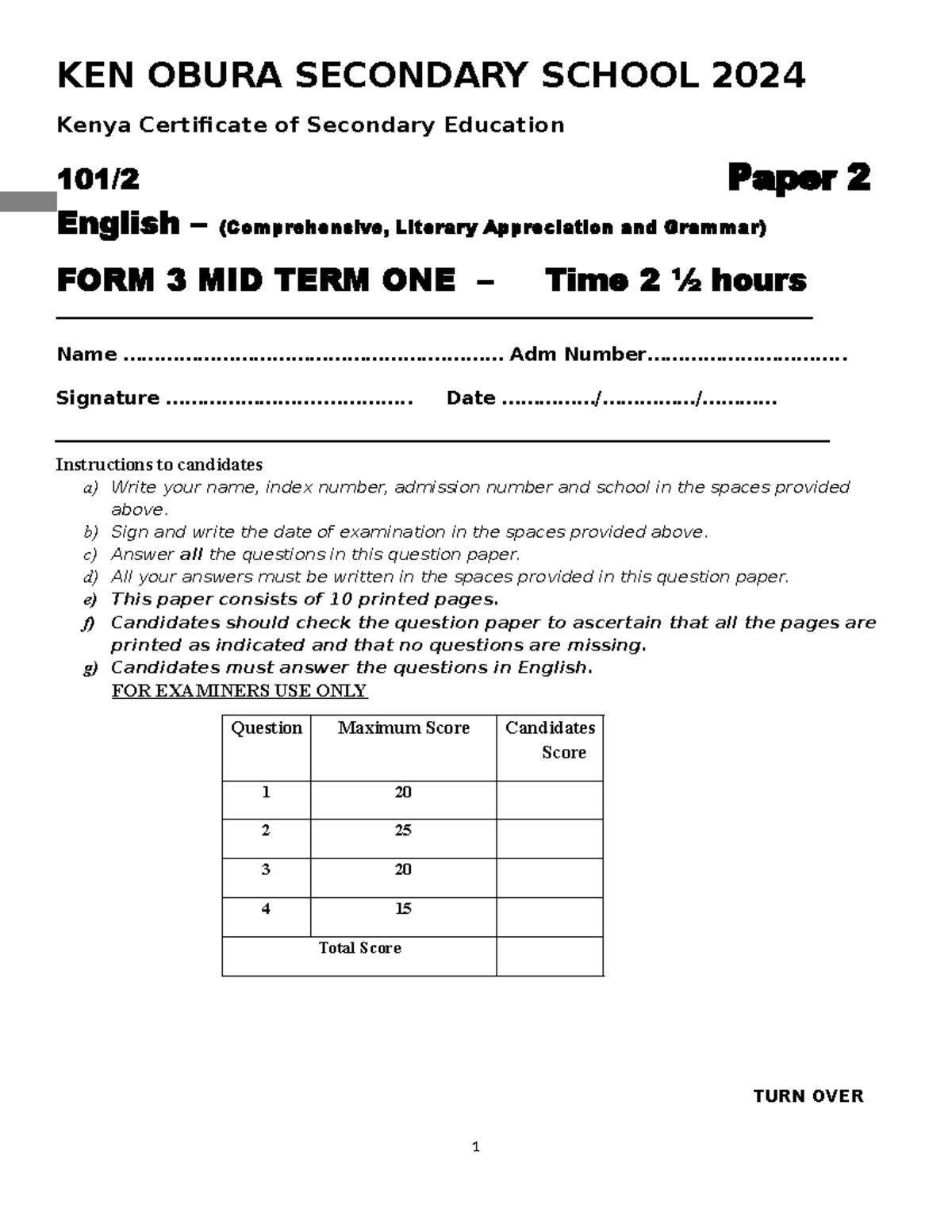 FORM 3 Midterm - KEN OBURA SECONDARY SCHOOL 2024 Kenya Certificate of ...