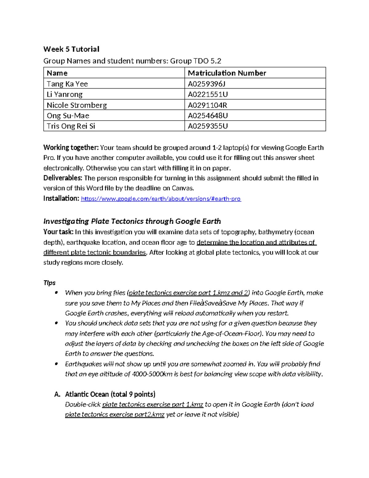 Investigating plate tectonic through GE - Week 5 Tutorial Group Names ...