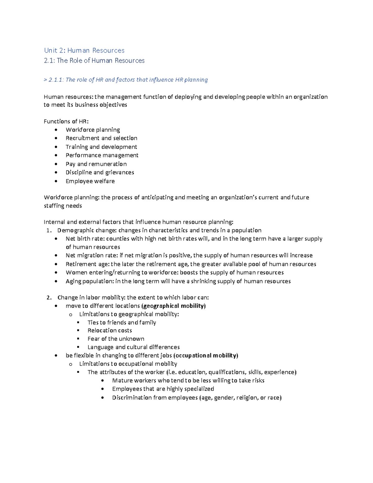 Business Management Unit 2 - Unit 2: Human Resources 2: The Role of ...