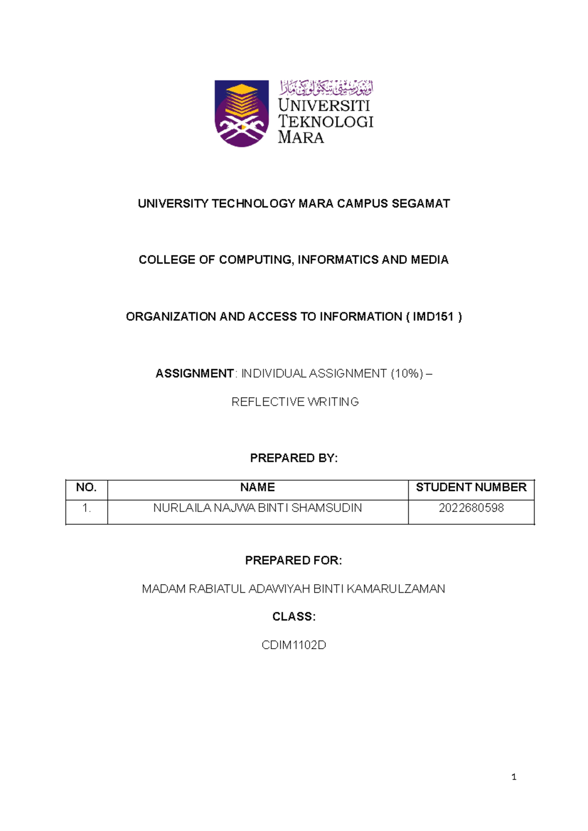 Assignment IMD164 - Individual - UNIVERSITY TECHNOLOGY MARA CAMPUS ...