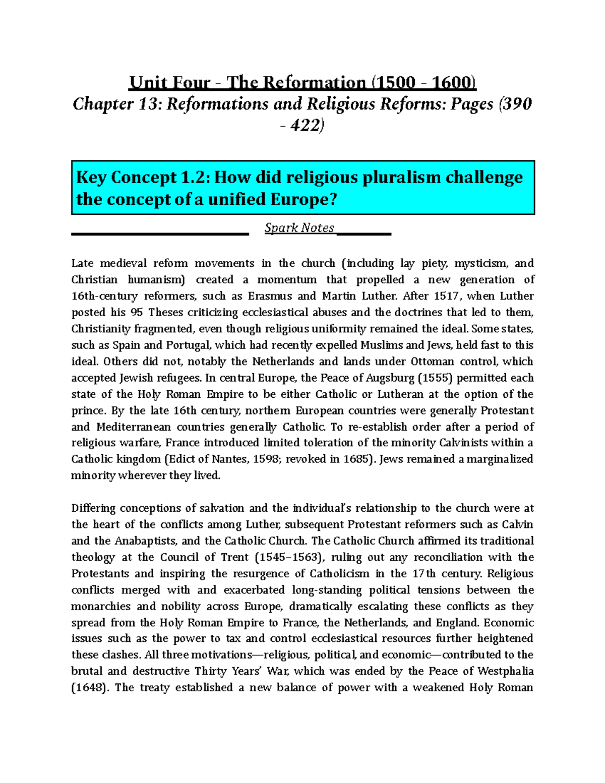 Unit 4 - reformation outline - Unit Four - The Reformation (1500 - 1600 ...