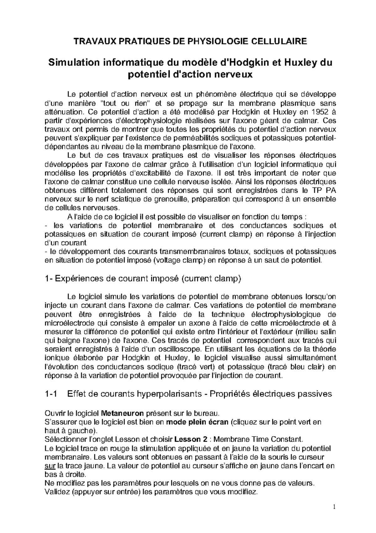 TP énoncé PA cell - TRAVAUX PRATIQUES DE PHYSIOLOGIE CELLULAIRE ...