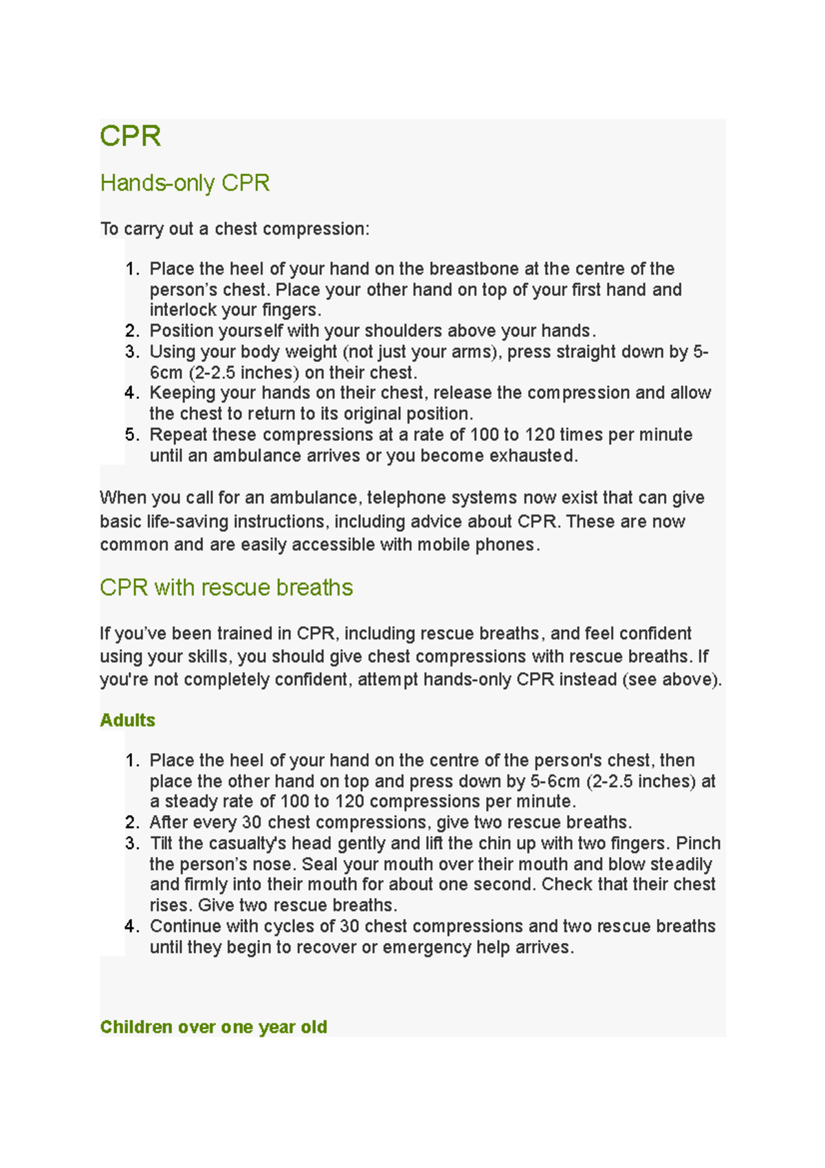 CPR - Lecture notes 1 - CPR Hands-only CPR To carry out a chest ...