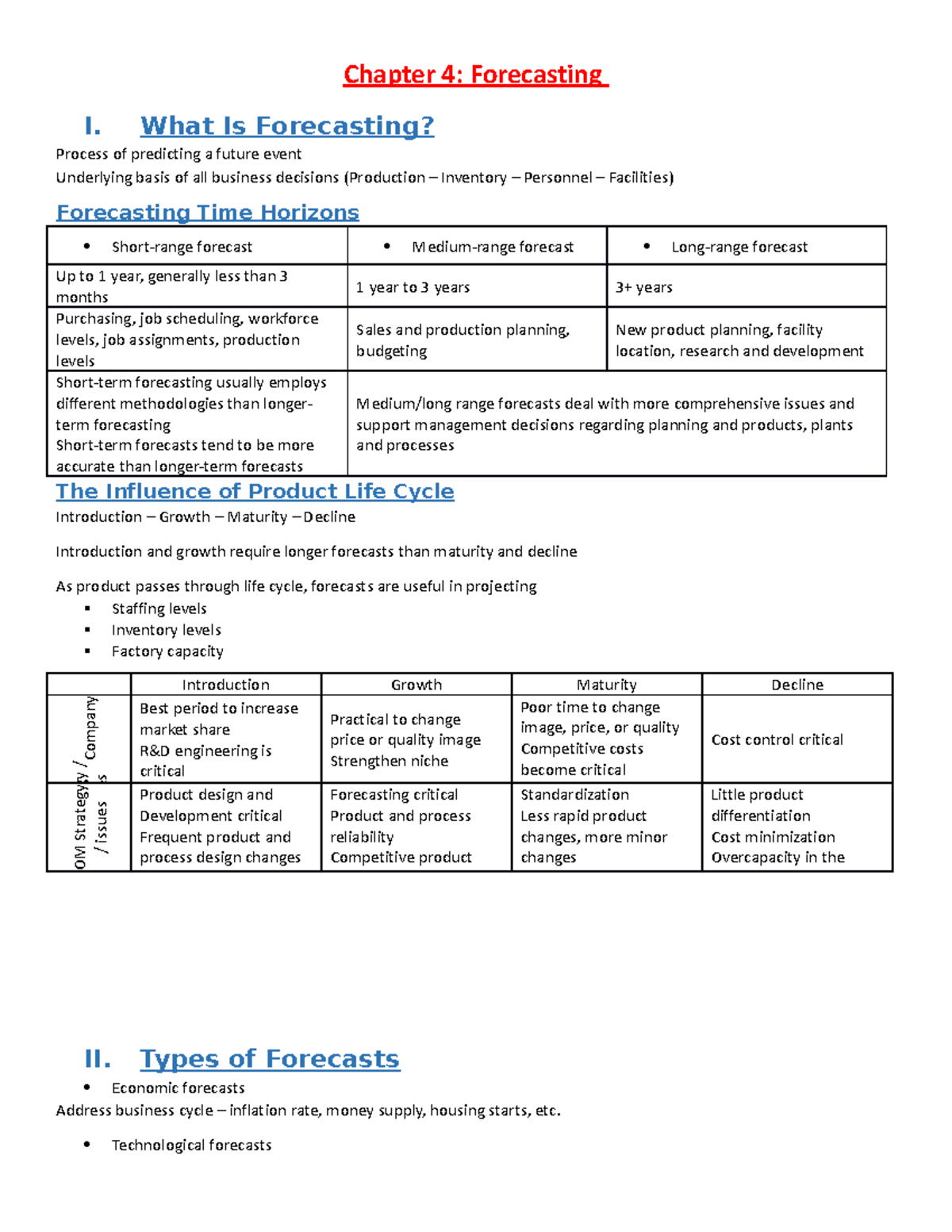 Forecasting - none - Chapter 4: Forecasting I. What Is Forecasting? Process of predicting a ...