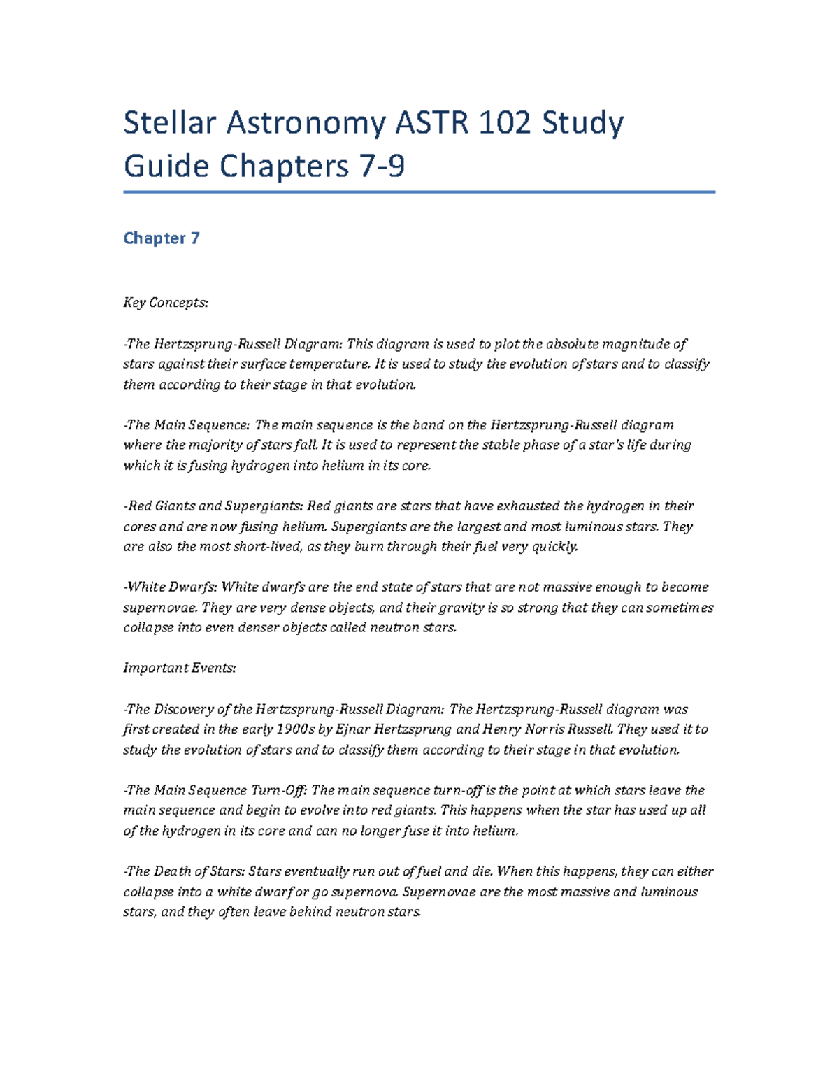 Stellar Astronomy ASTR 102 Study Guide Chapters 7-9 - Stellar Astronomy ...