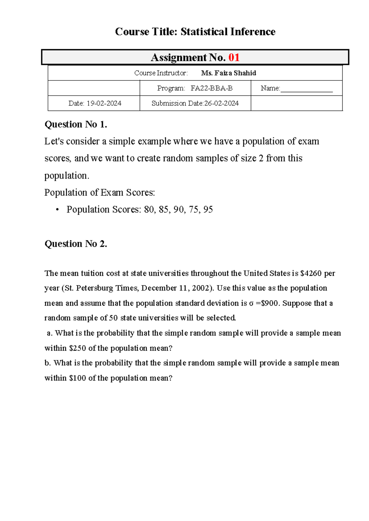 Assignment 1 Notes Course Title Statistical Inference Assignment No 01 Course Instructor