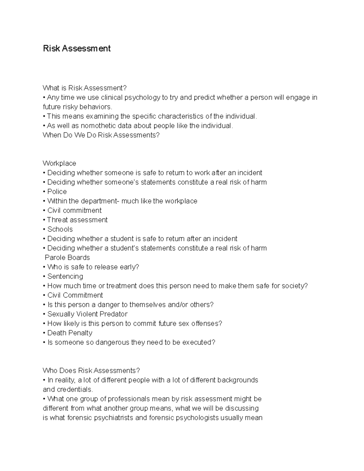 Risk Assessment - Lecture notes for quiz and assignments - Risk ...