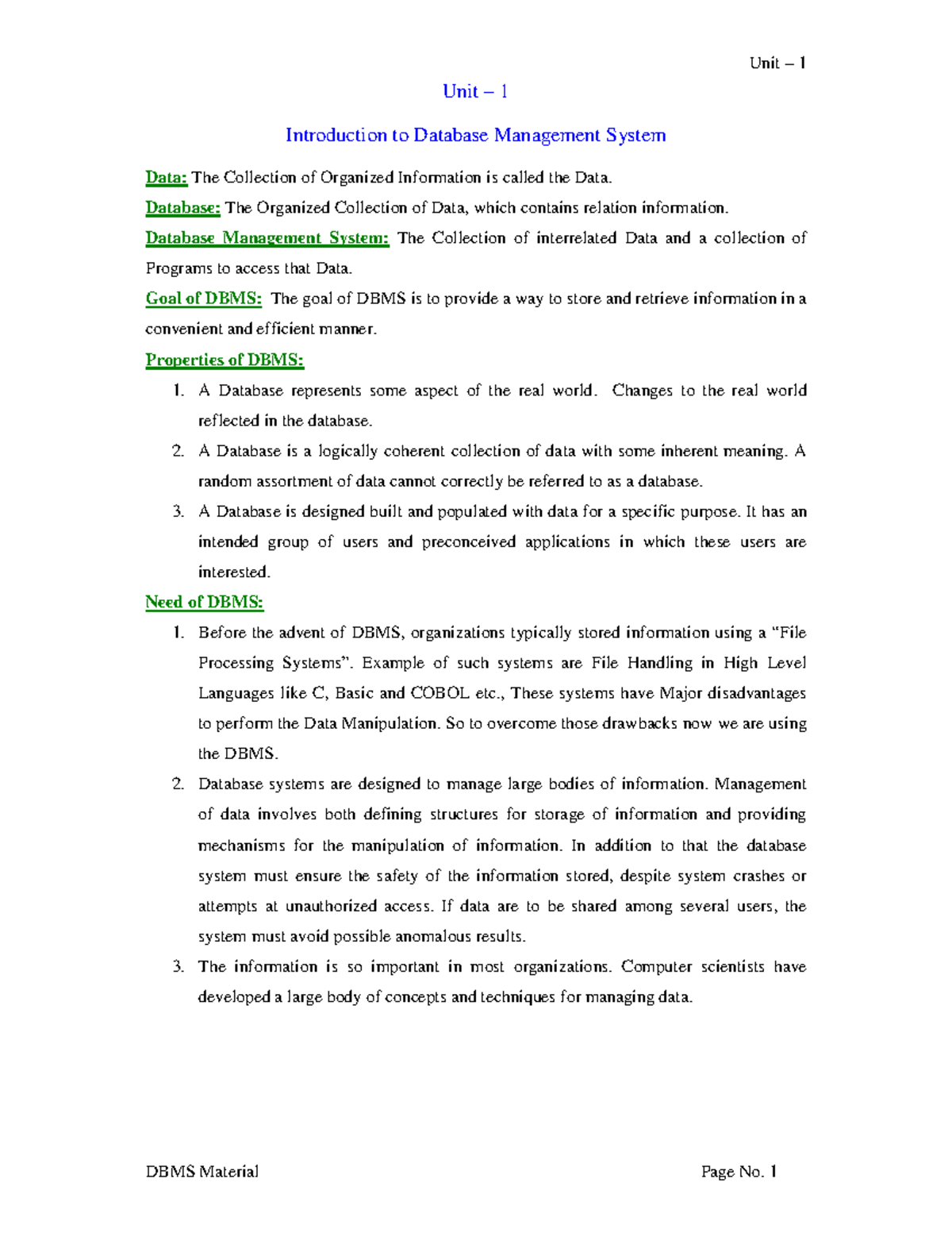1Unit - material - Unit – 1 Introduction to Database Management System ...