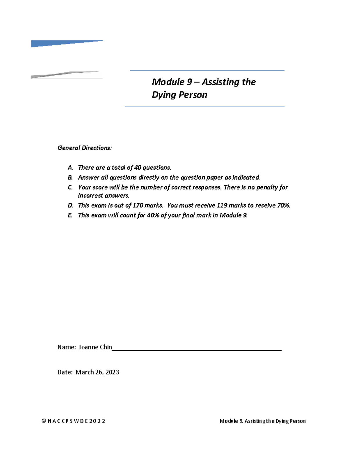 Module 9 - Assignment JC - Module 9 – Assisting the Dying Person ...