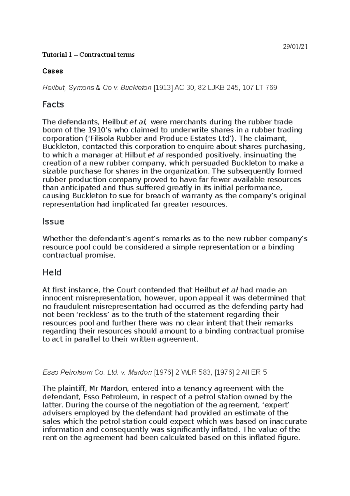 Tutorial 1 - Contractual Terms - 29/01/ Tutorial 1 – Contractual terms Cases Heilbut, Symons ...