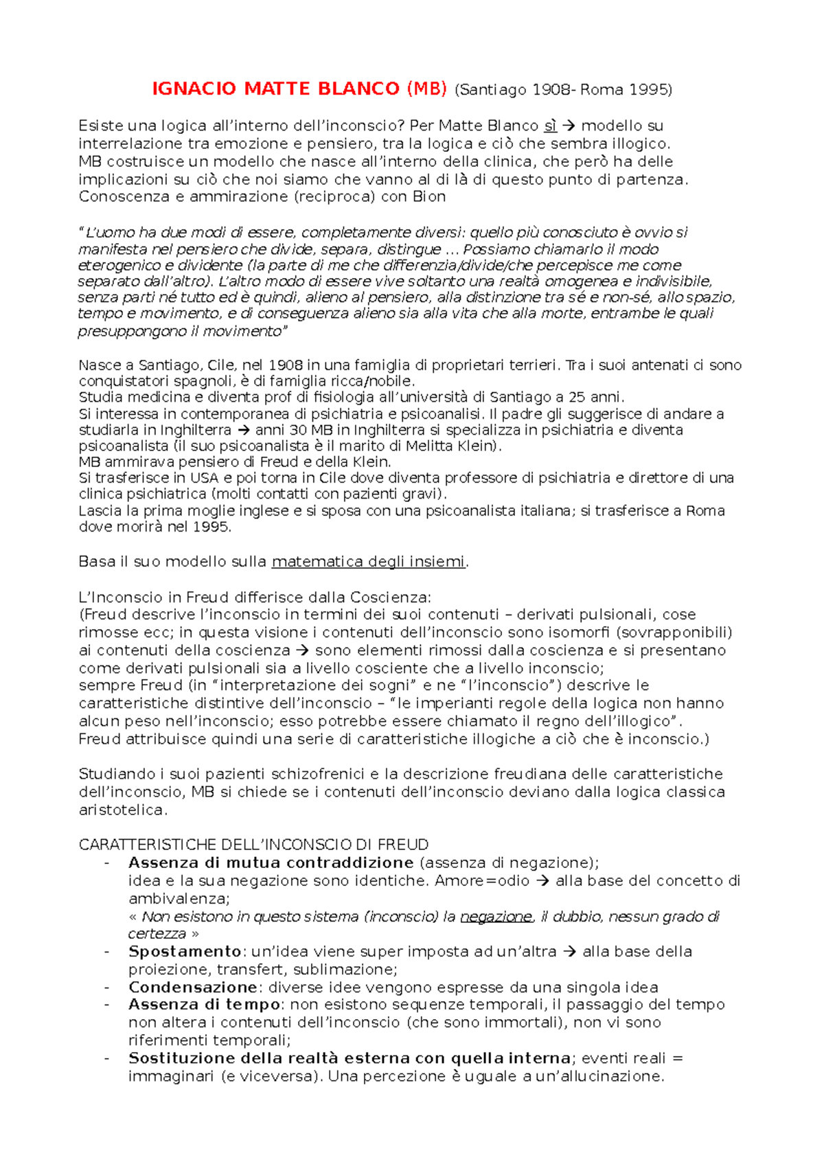 Matte Blanco - appunti e slide lezioni - IGNACIO MATTE BLANCO (MB ...