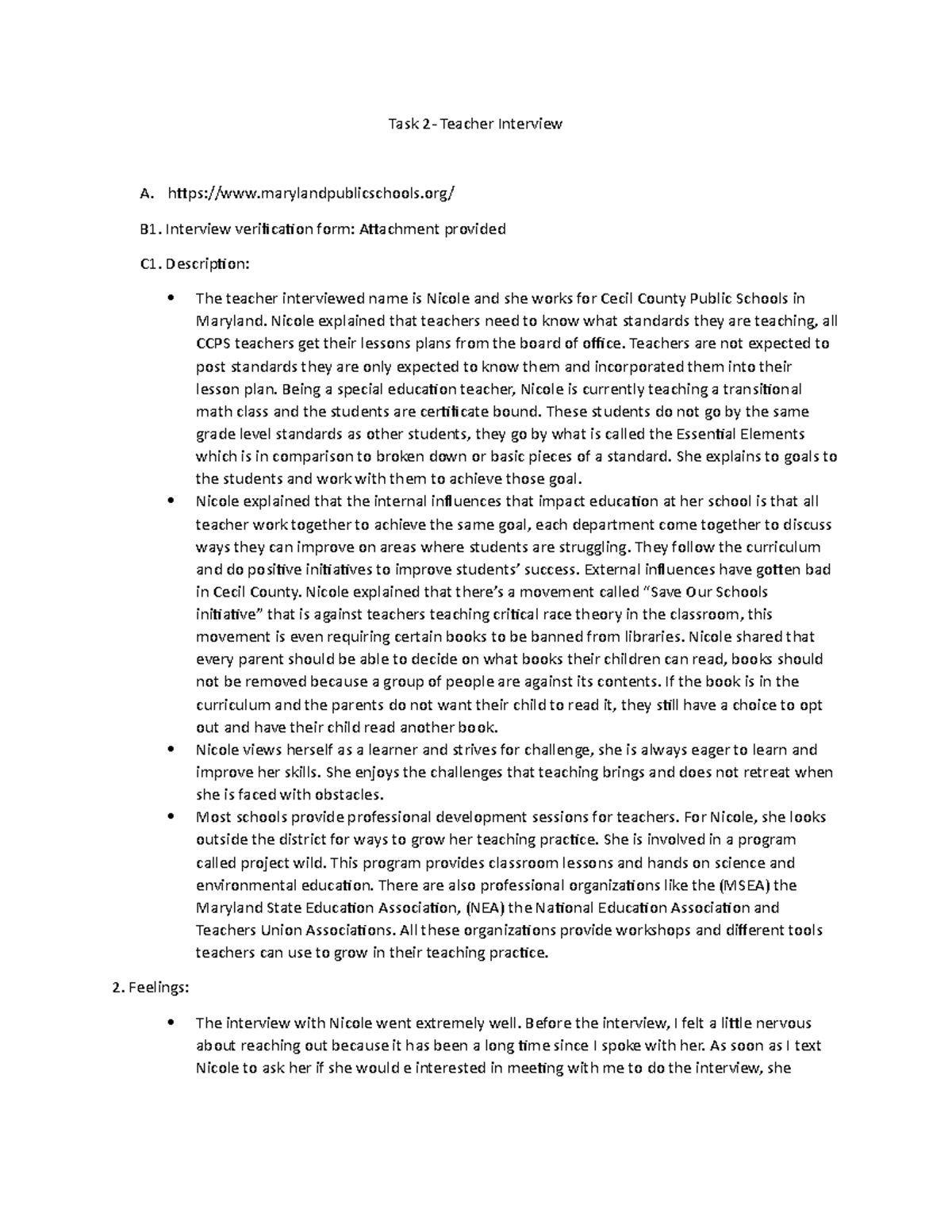 Task 2 completed - Task assignment - Task 2- Teacher Interview A ...