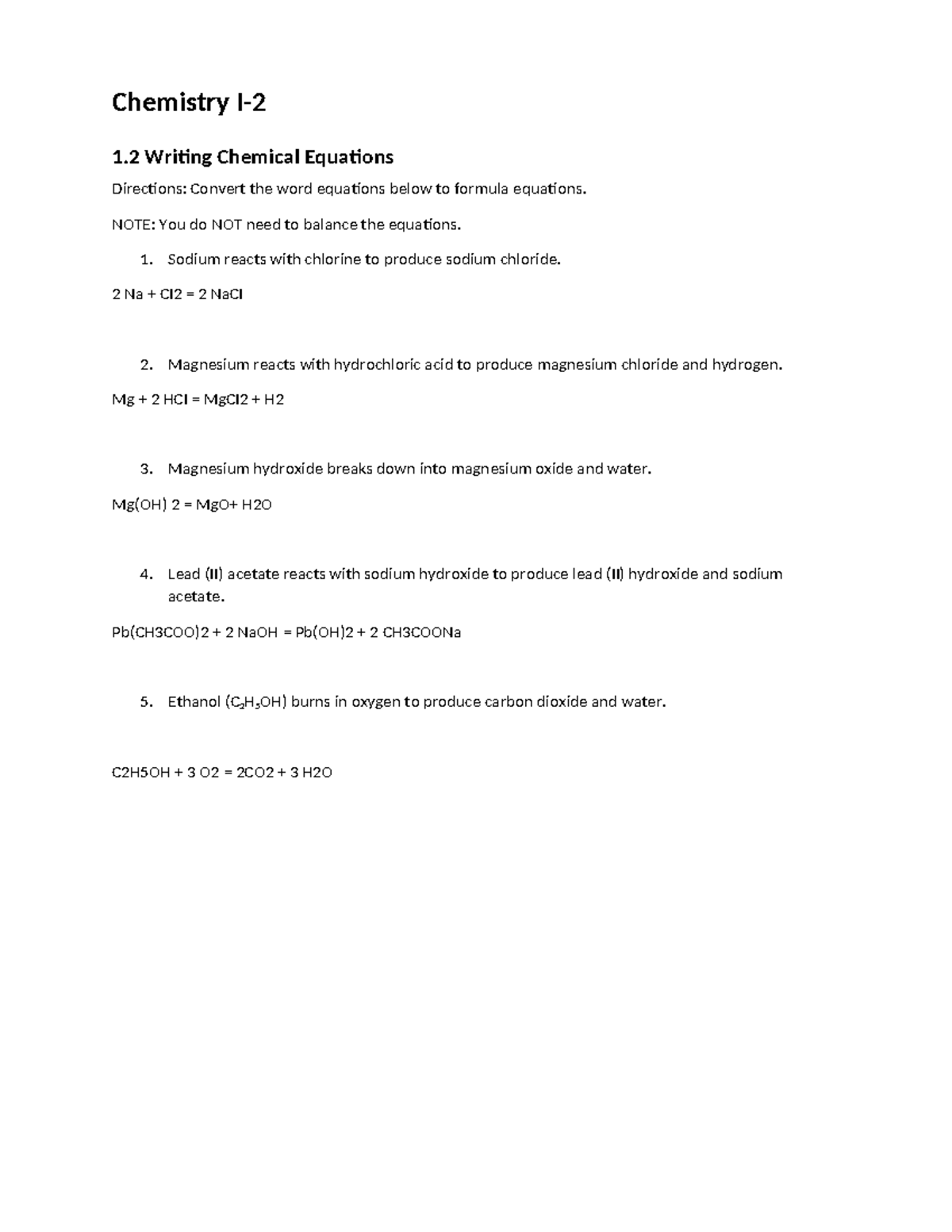 1.2 Chemical Equations Assignment Zain Afolabi - Chemistry I- 1 Writing ...