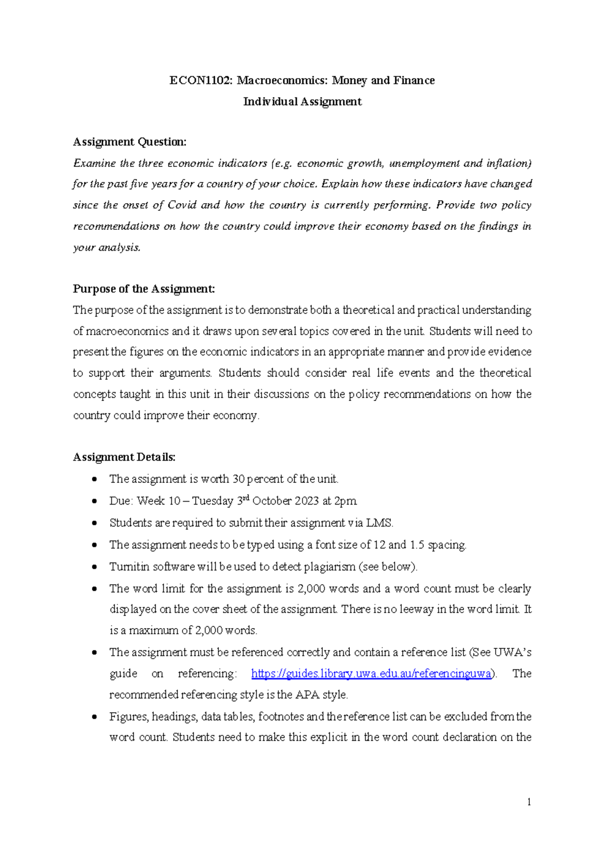 Assignment Question - ECON1102: Macroeconomics: Money and Finance ...