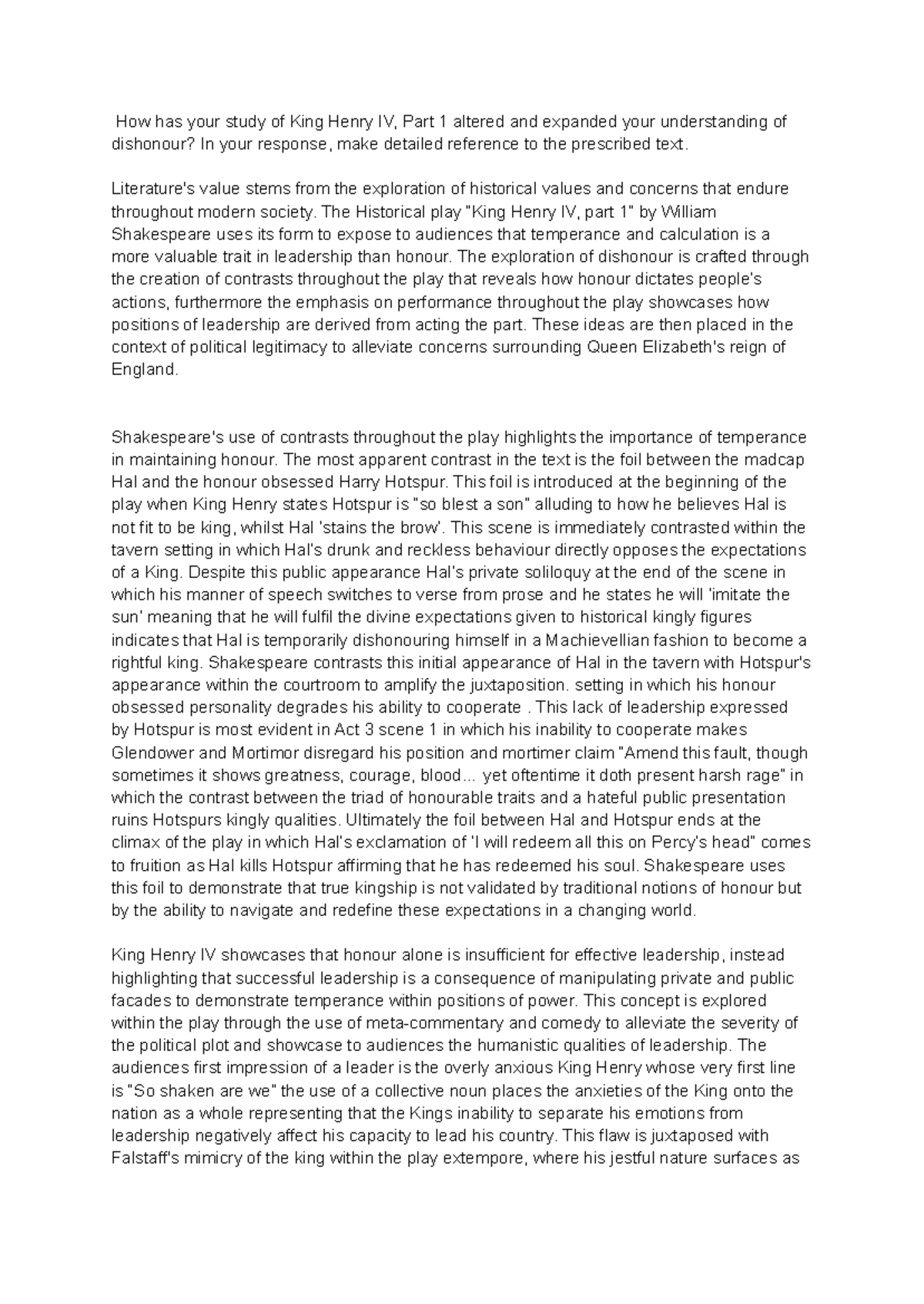 Module B essay King Henry IV part 1 - How has your study of King Henry ...