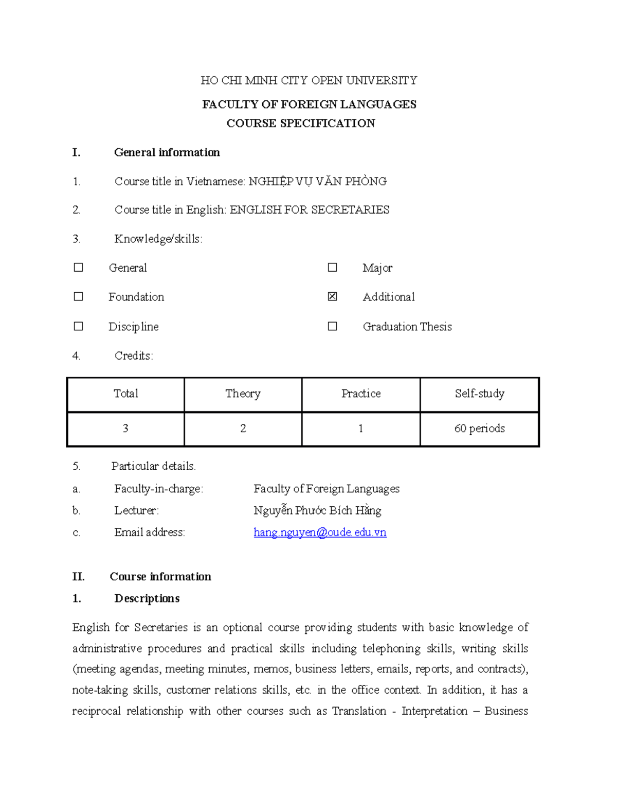 Office English Course outline - HO CHI MINH CITY OPEN UNIVERSITY ...