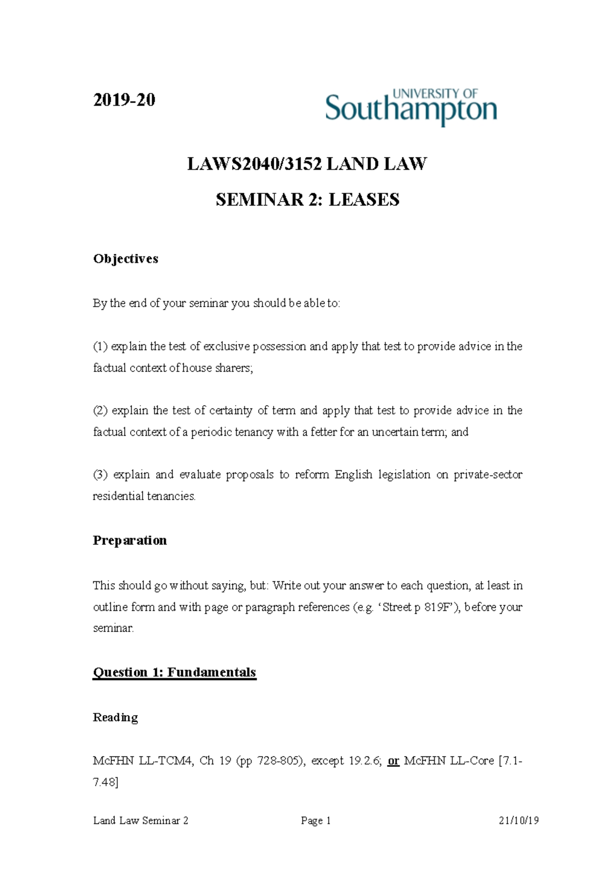 Tutorial 2 Tasks - LAWS2018 - Southampton - Studocu