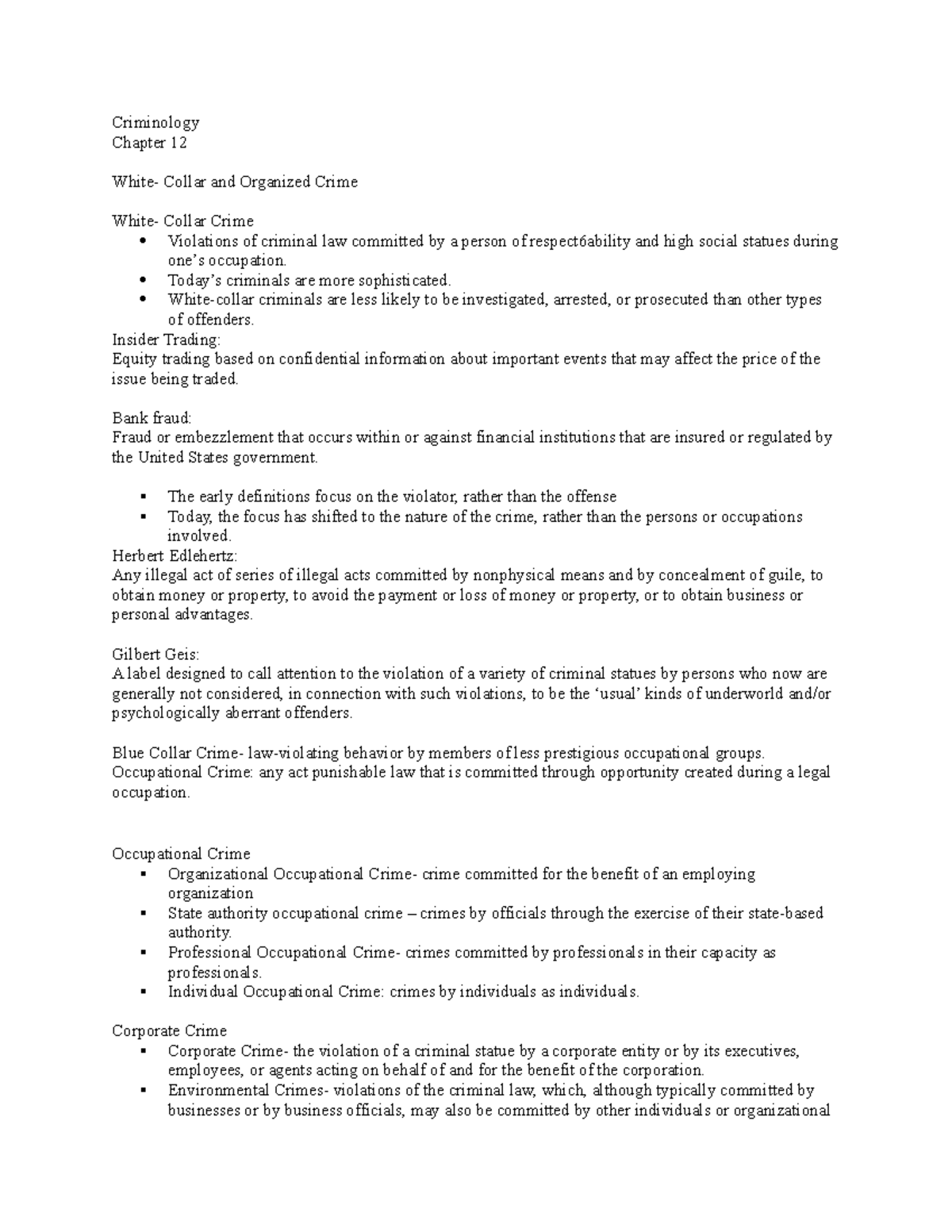 Criminology- Chapter 12 - Criminology Chapter 12 White- Collar and ...