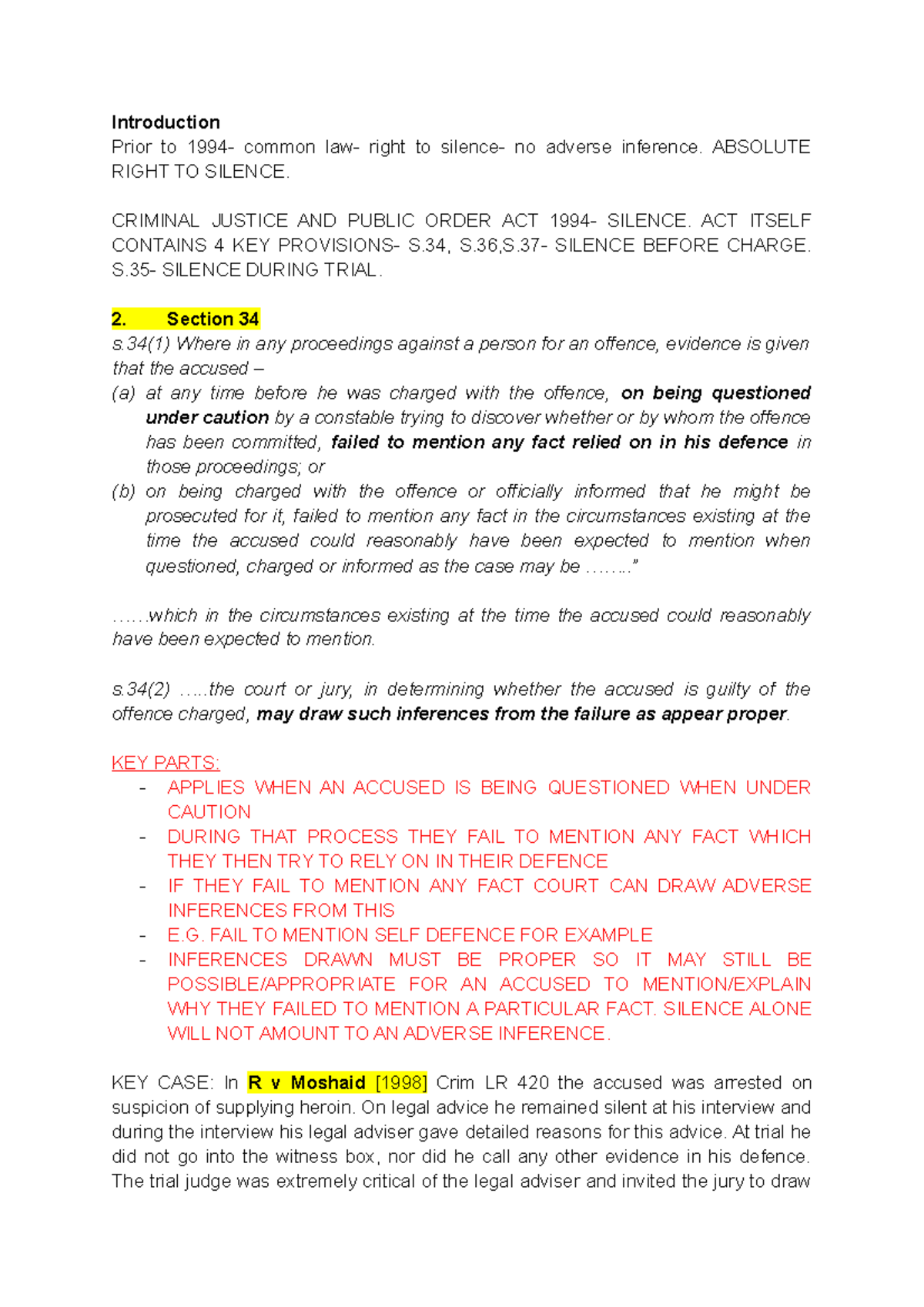 Lecture 7 - Introduction Prior to 1994- common law- right to silence ...
