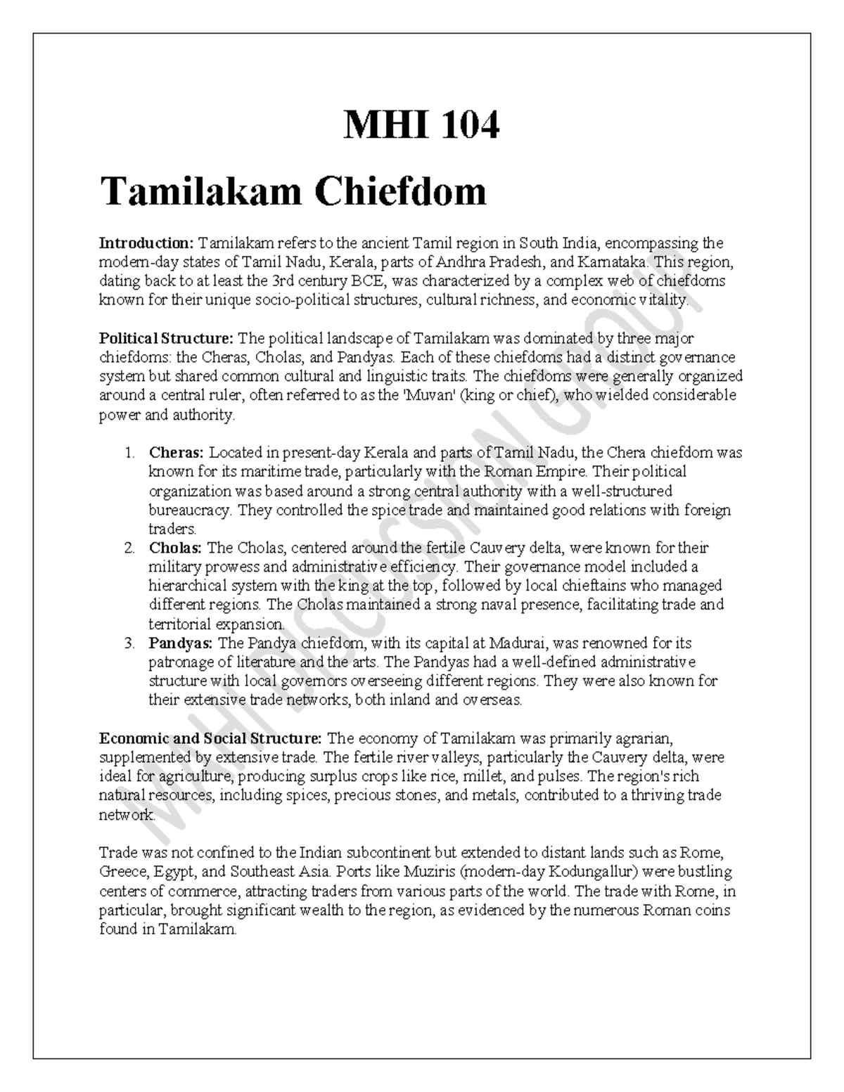 MHI 104 GP Chatgpt - MHI 104 Tamilakam Chiefdom Introduction: Tamilakam refers to the ancient ...