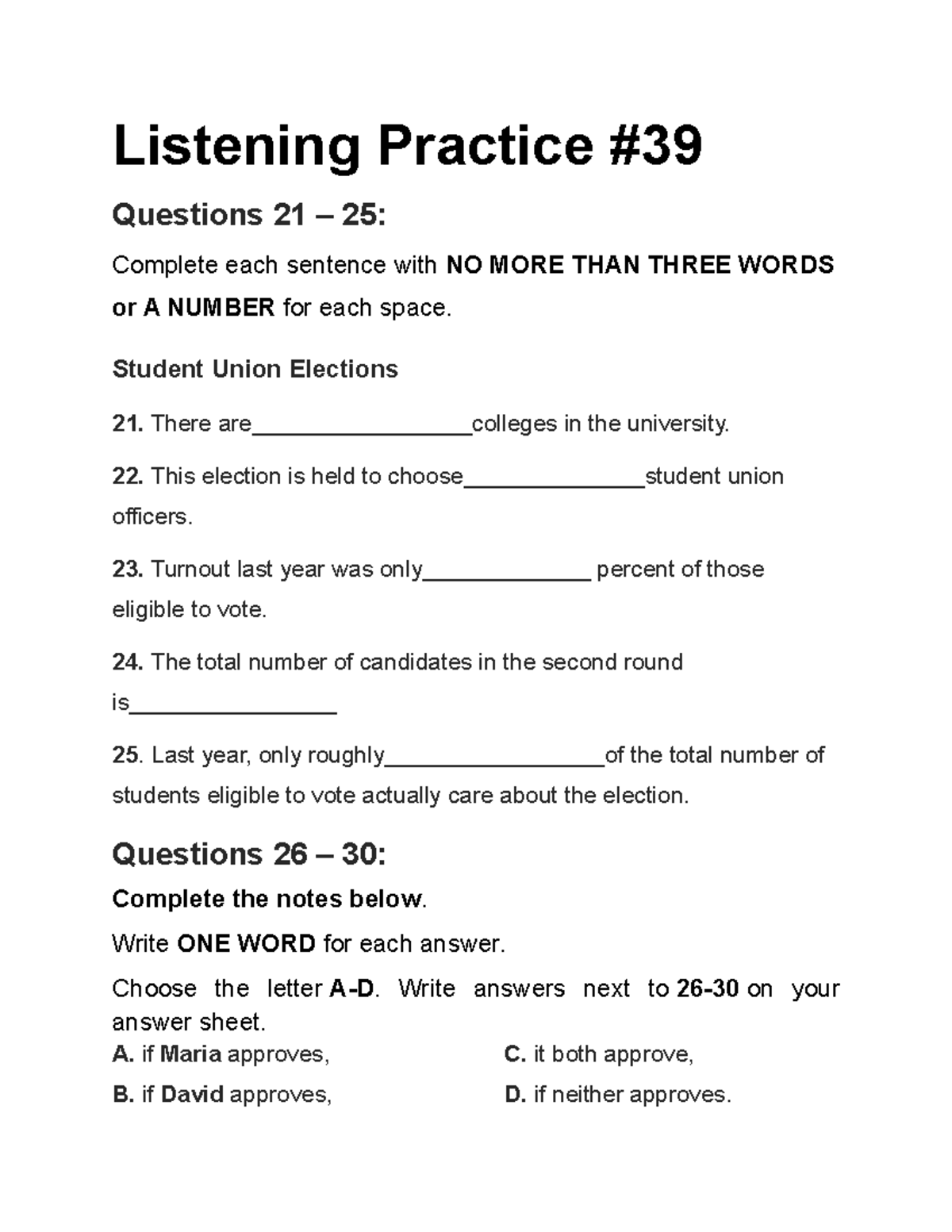 Listening Practice #39 - Listening Practice Questions 21 – 25: Complete ...
