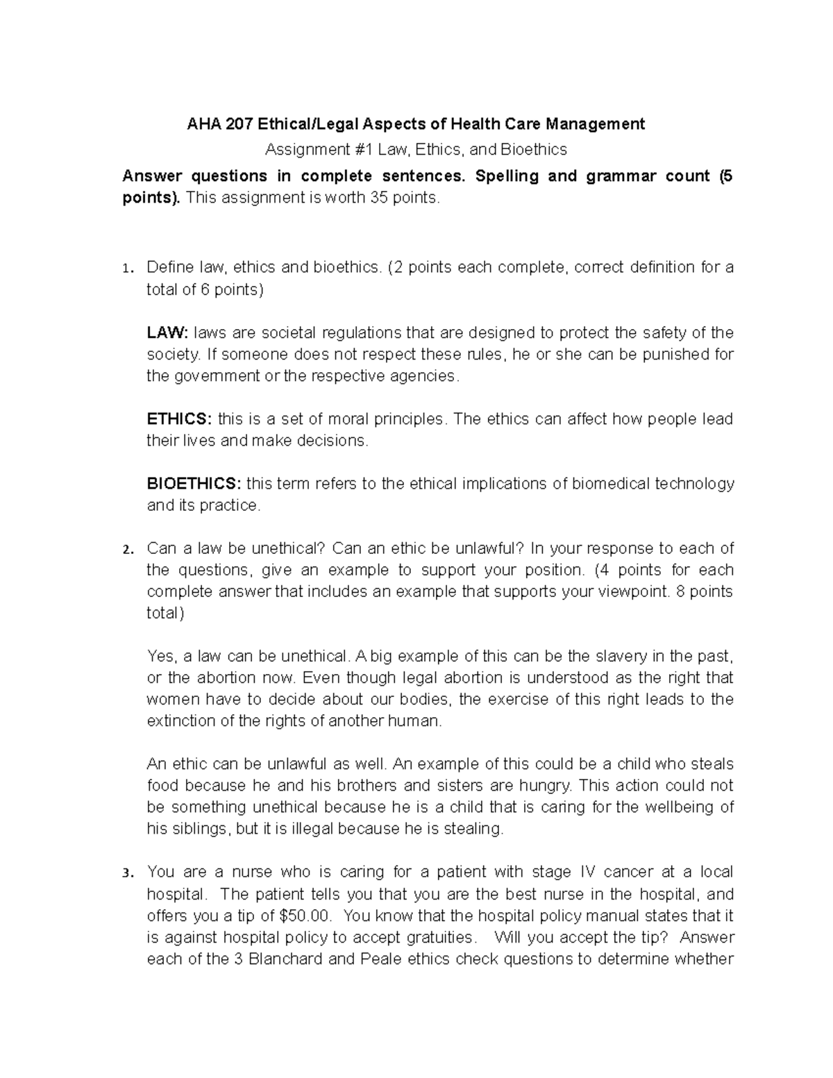 LAW, ETHICS AND BIOETHICS - AHA 207 Ethical/Legal Aspects of Health ...