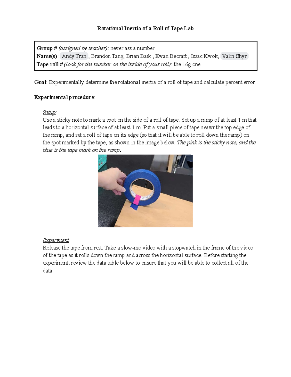 Masking Tape Lab - Group # (assigned by teacher): never ass a number ...
