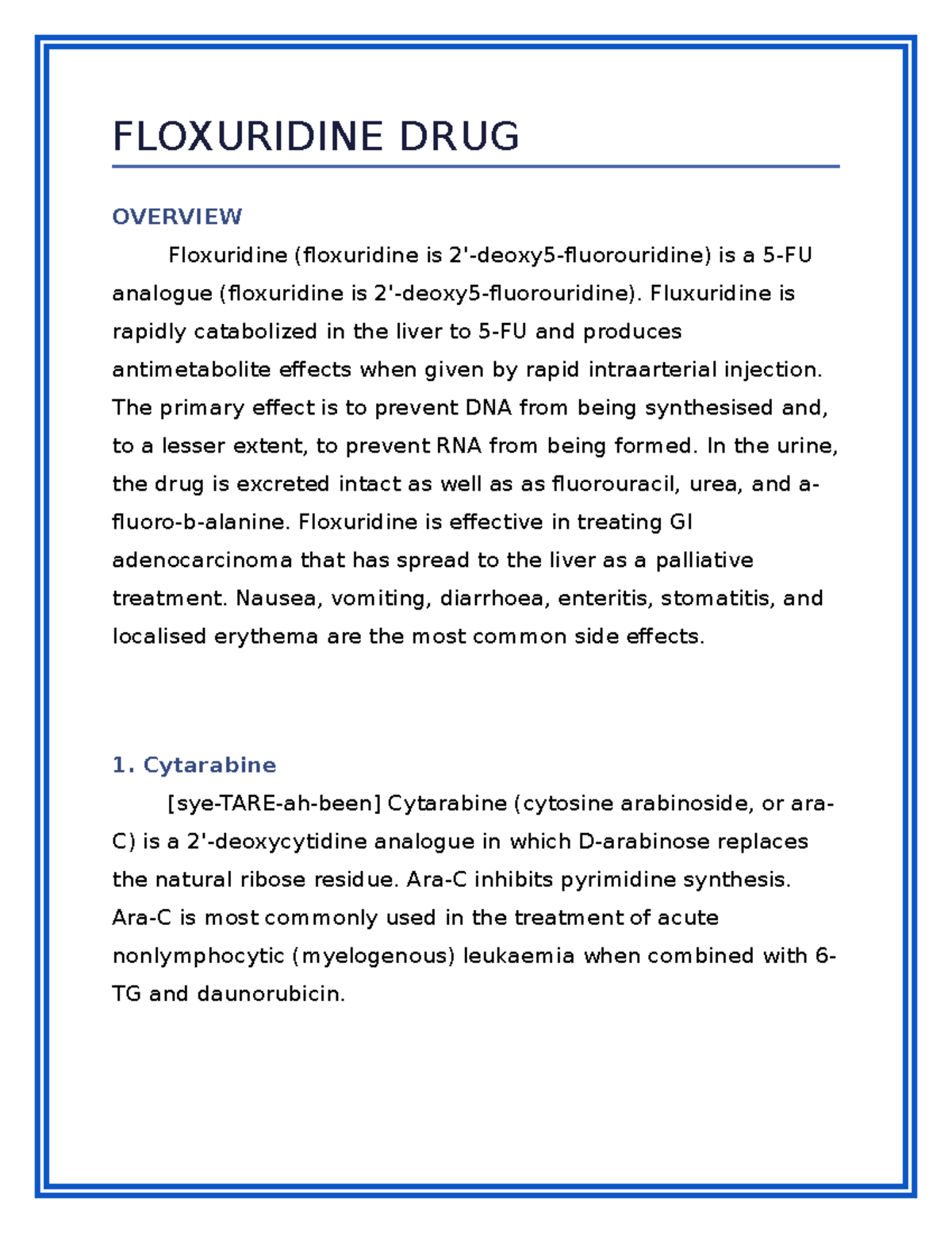 NOTE ON Antimetabolites Drugs - FLOXURIDINE DRUG OVERVIEW Floxuridine ...