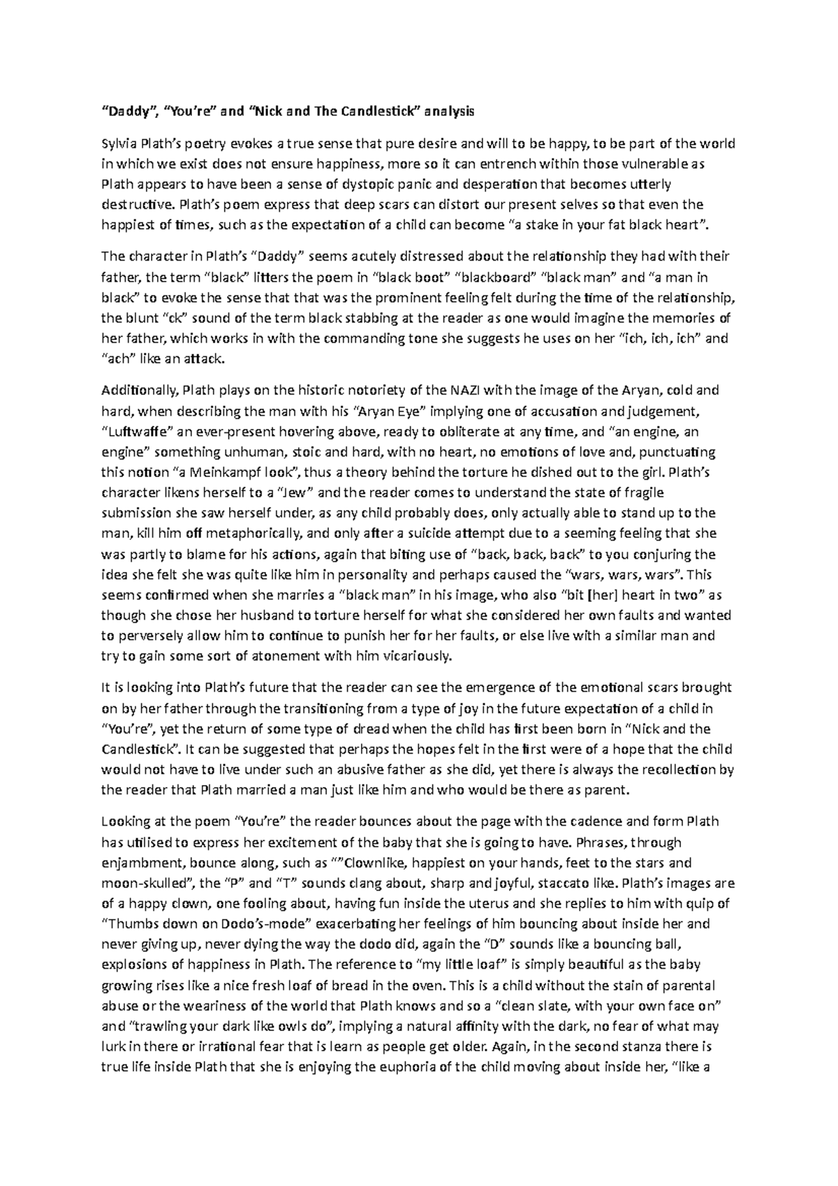 Plath Daddy You're and Nick analysis - “Daddy”, “You’re” and “Nick and ...