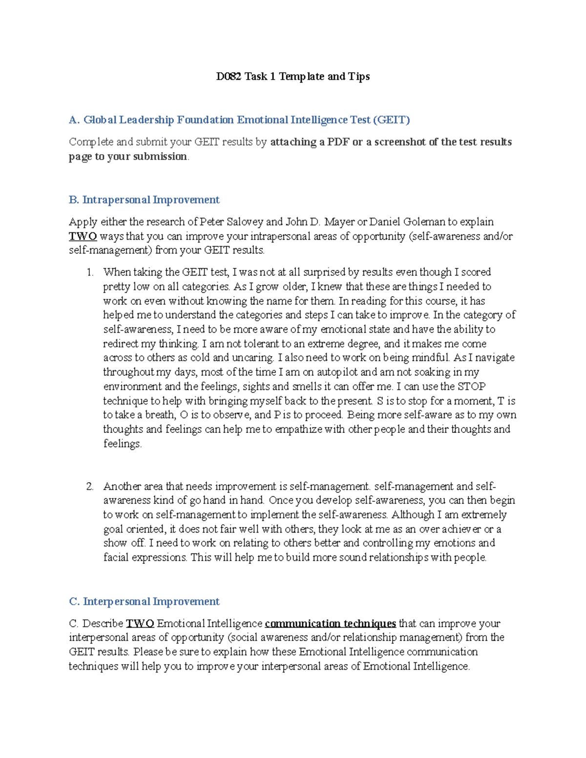 Emotional and cultural intelligence task 1 - D082 Task 1 Template and ...