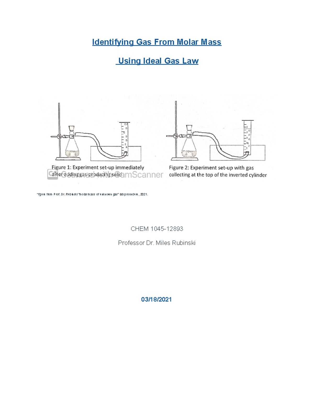 Short report- Formal Report - Identifying Gas From Molar Mass Using ...