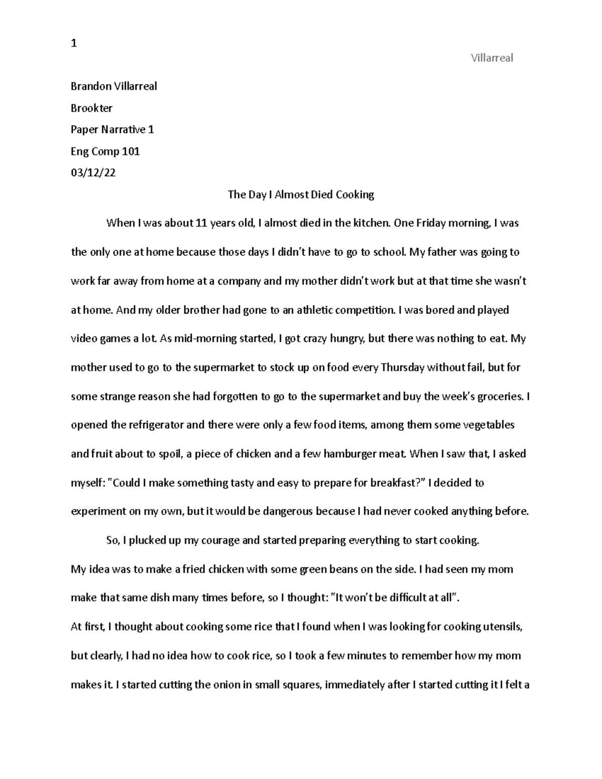 Narrative Paper 1 A.V - Brandon Villarreal Brookter Paper Narrative 1 ...
