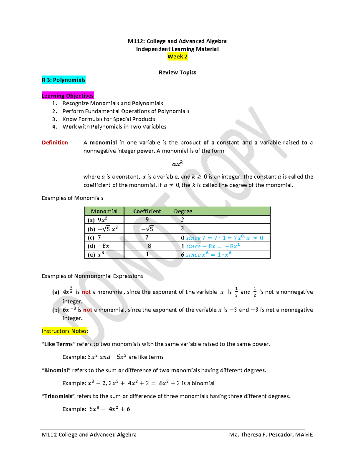 Algebra Week 2a - Yes - M112: College and Advanced Algebra Independent ...