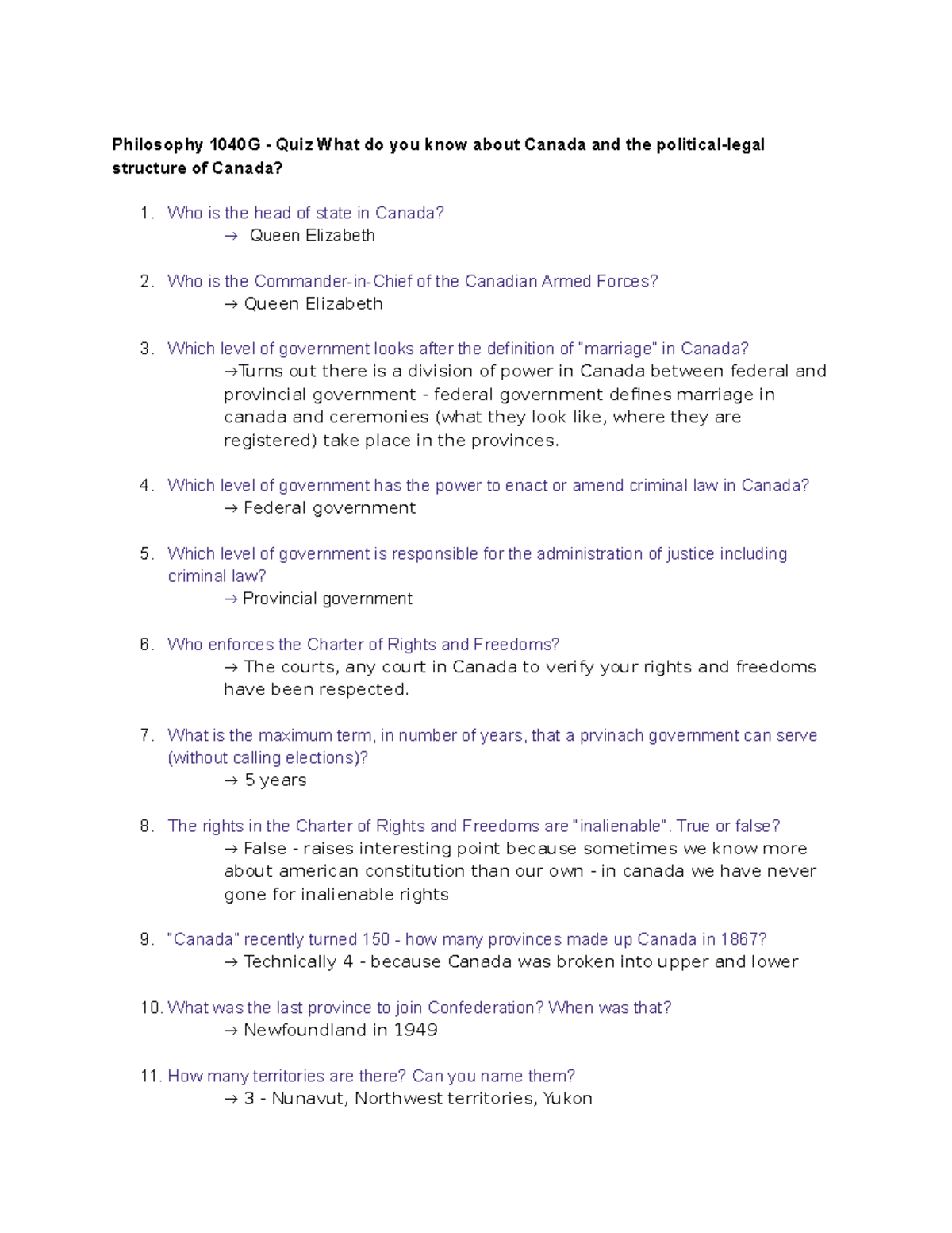 Philosophy 1040G - Quiz What do you know about Canada and the political ...