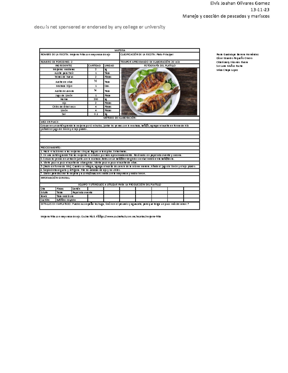 Actividad 10. Proyecto integrador etapa 2 - 13 - 11 - 23 Manejo y cocción de pescados y mariscos ...
