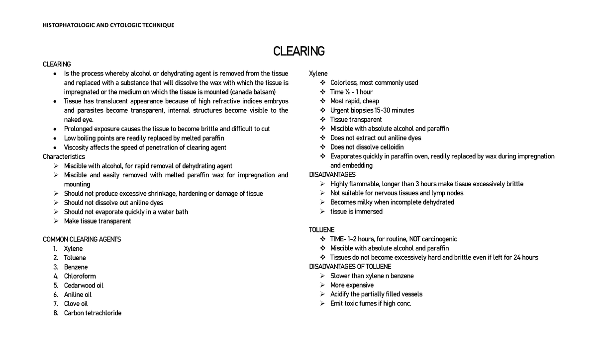 Clearing- Histophatologic AND Cytologic Technique - HISTOPHATOLOGIC AND ...