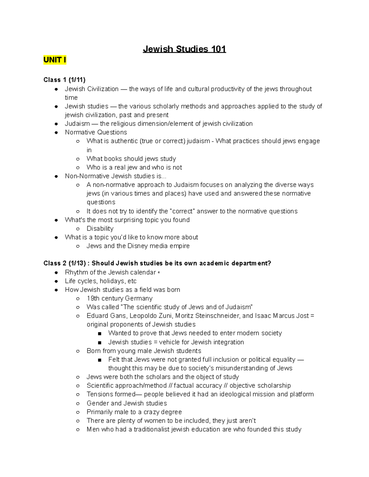 Jewish Studies 101 Notes - Jewish Studies 101 UNIT I Class 1 (1/11 ...