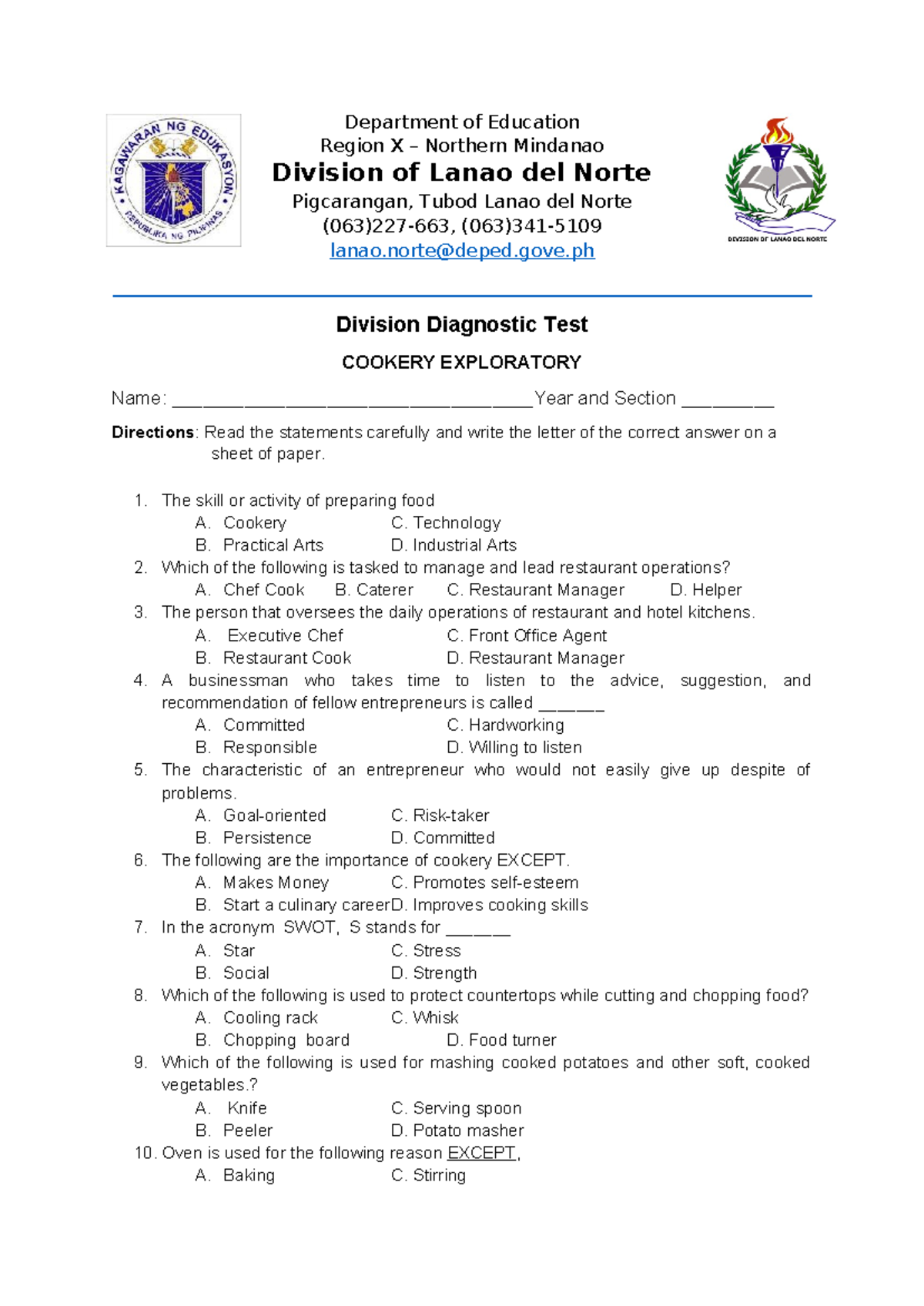Cookery Exploratory - Department of Education Region X – Northern ...