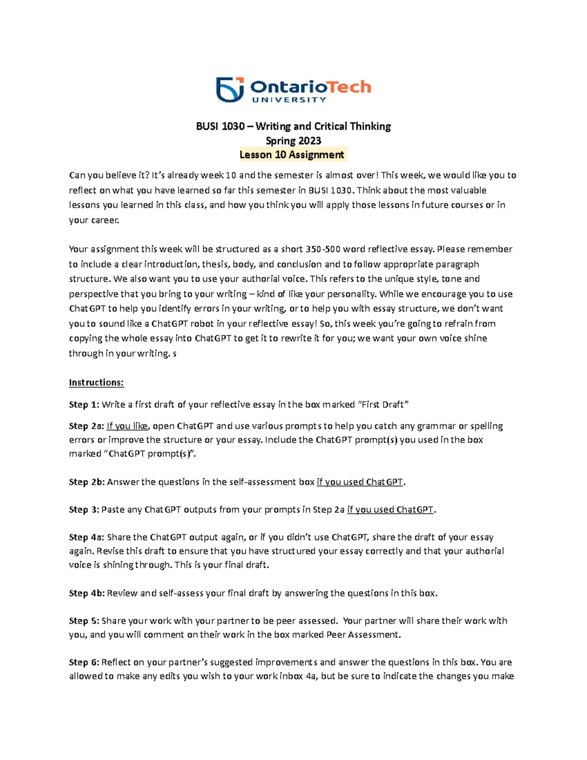 Lesson 10 Assignment - BUSI 1030 – Writing and Critical Thinking Spring ...