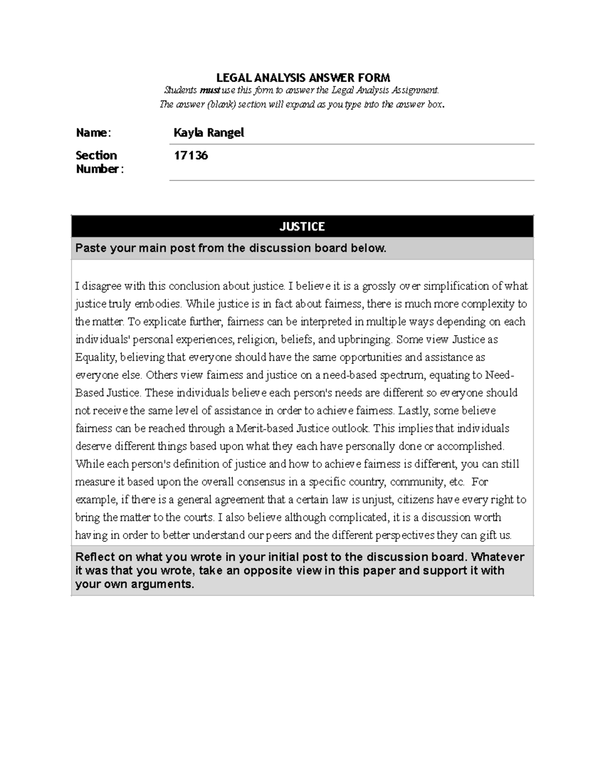 Justice analysis form - practice material - LEGAL ANALYSIS ANSWER FORM ...