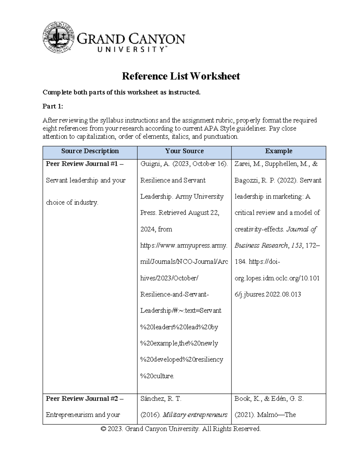 Ref list - topic 2 ref list - Reference List Worksheet Complete both ...