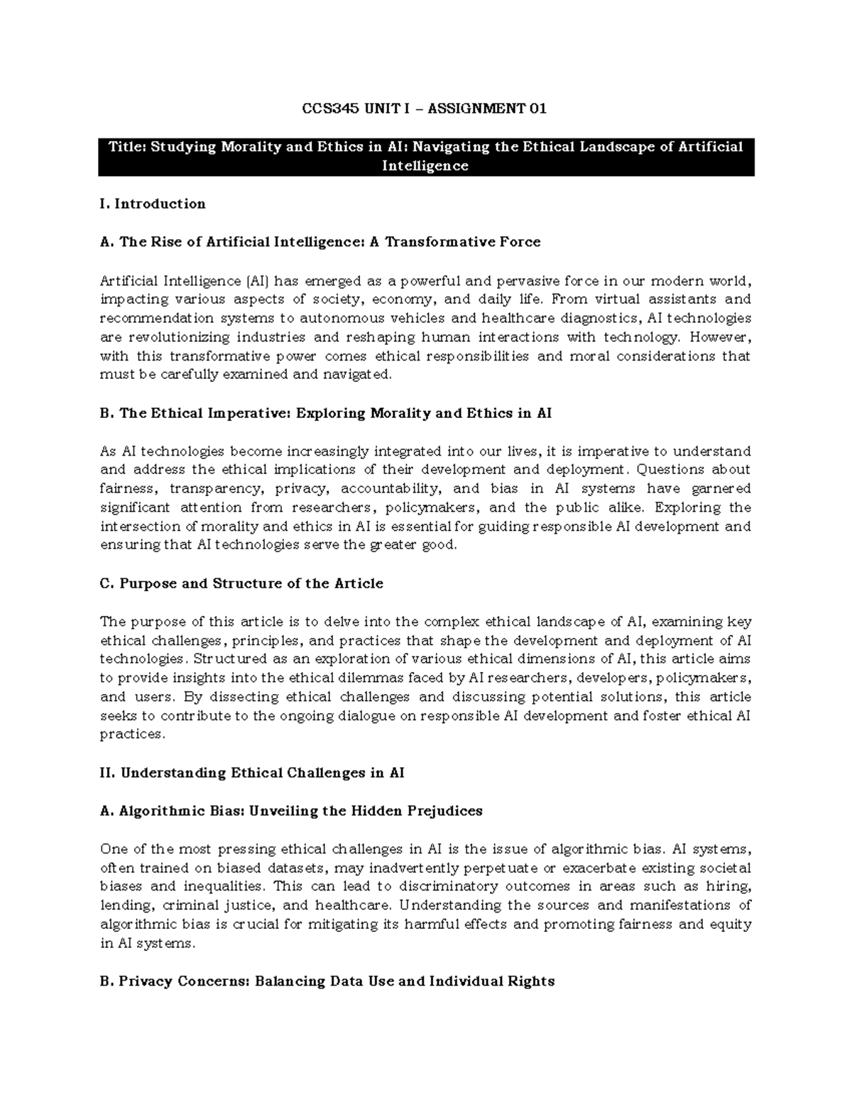 CCS345 Assignment 1 -Studying Morality and Ethics in AI Navigating the Ethical Landscape of ...