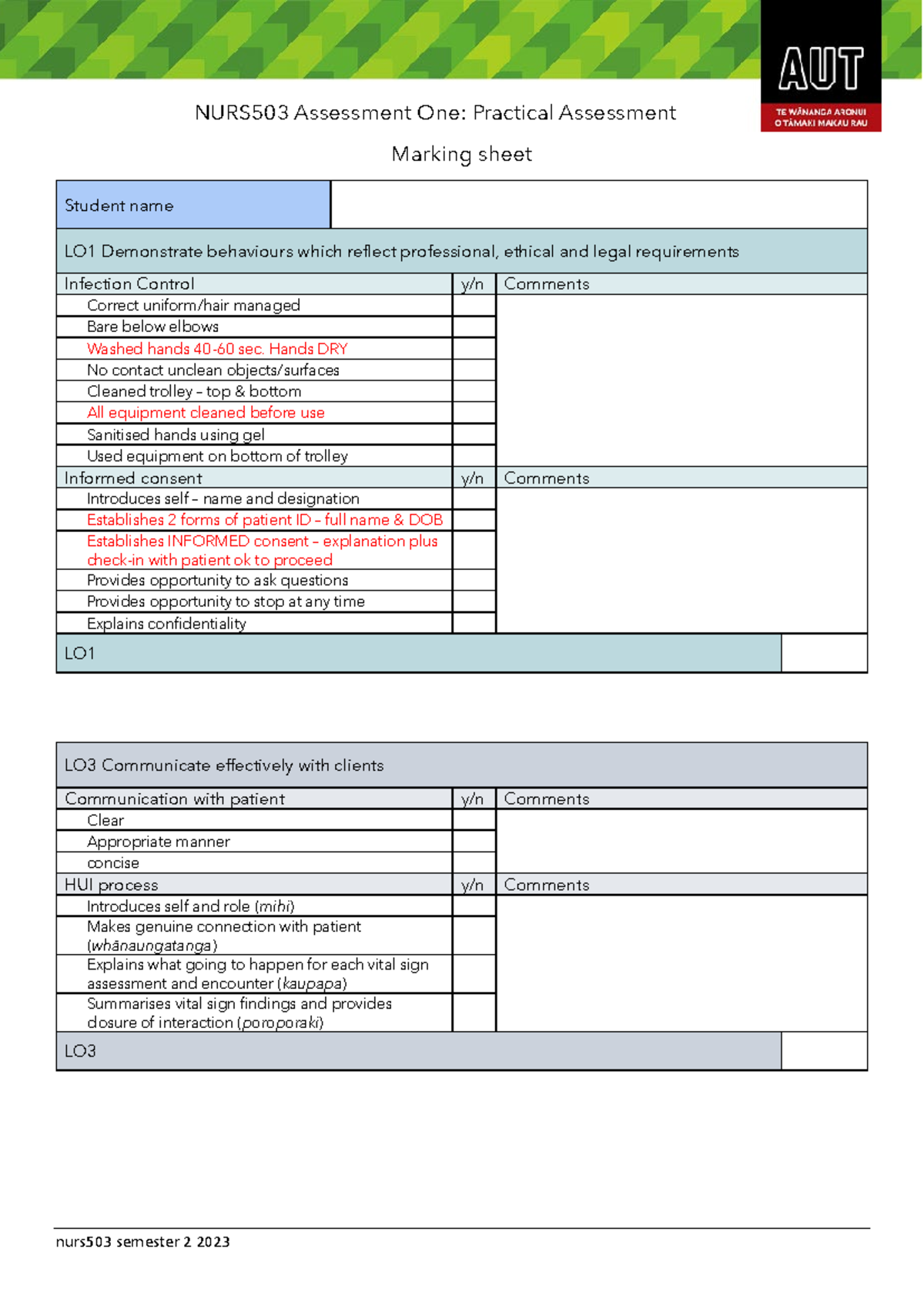 Nurs503 s2 24 osce marking sheet - nurs503 semester 2 2023 NURS503 ...