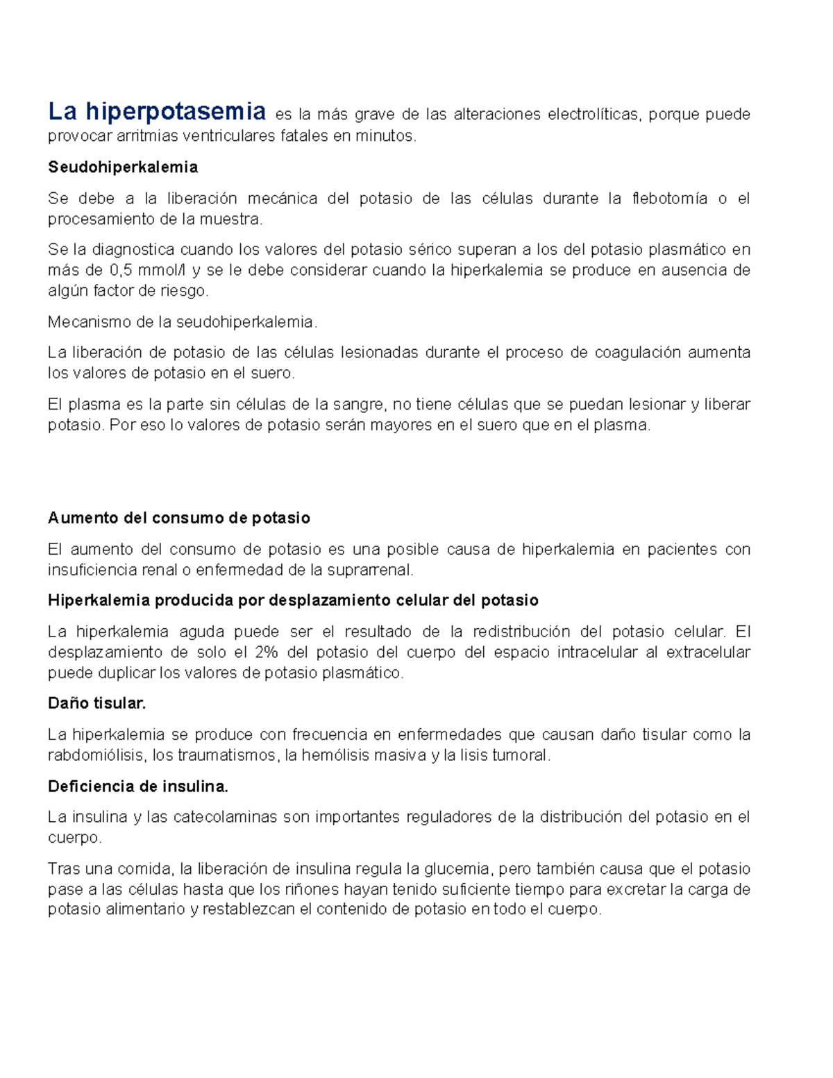 Fisiopatologia DE LA Hiperkalemia - La hiperpotasemia es la más grave ...