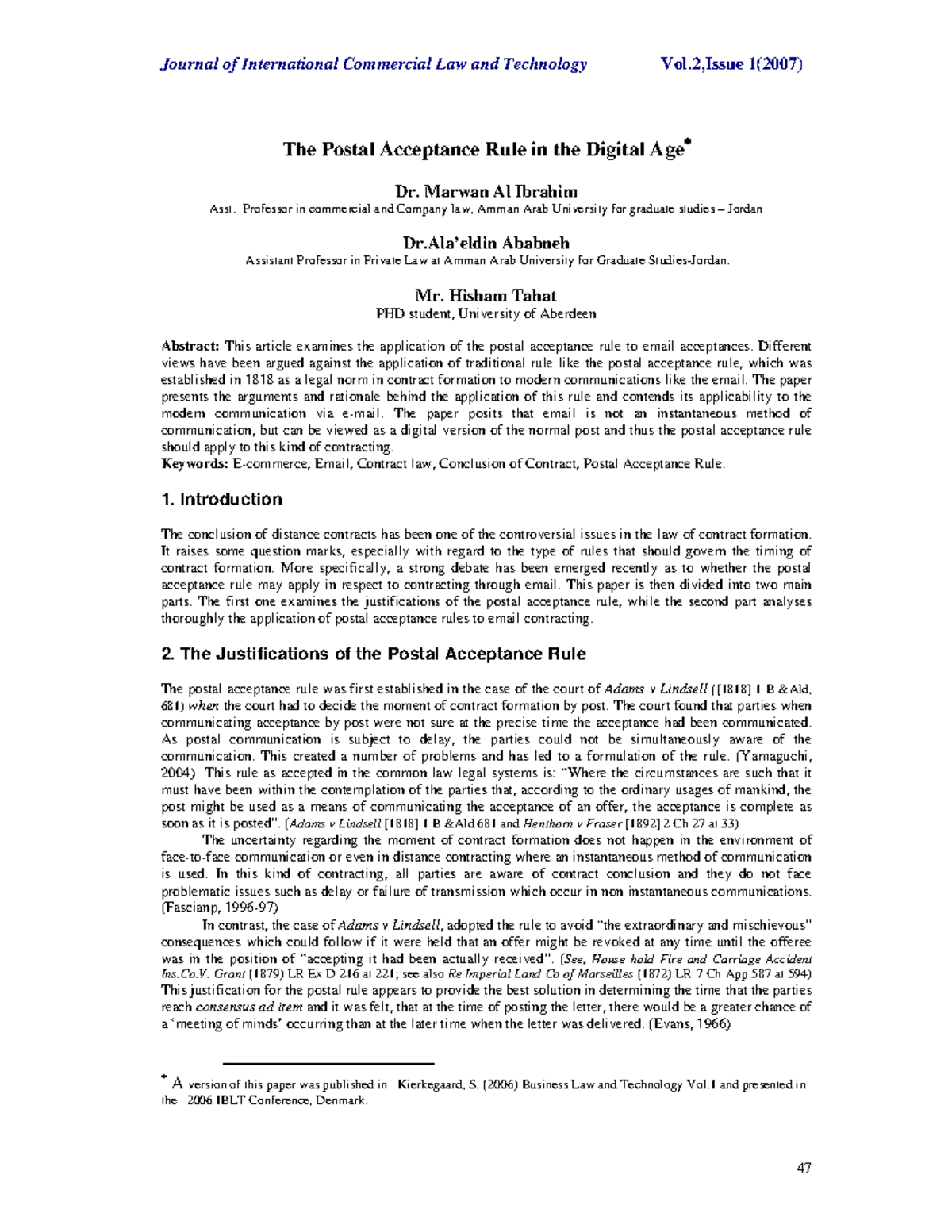Analysis of the postal acceptance rule - Journal of International ...