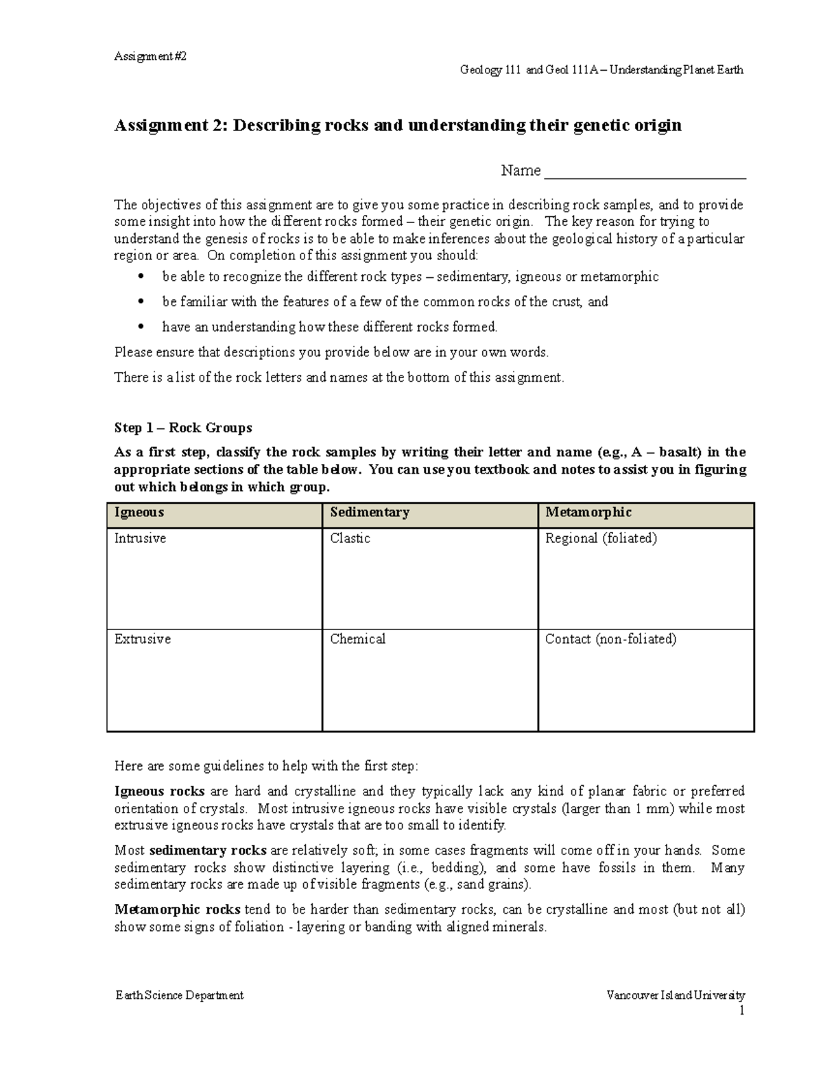 Geol-111-assignment 2 - Assignment # Geology 111 and Geol 111A ...